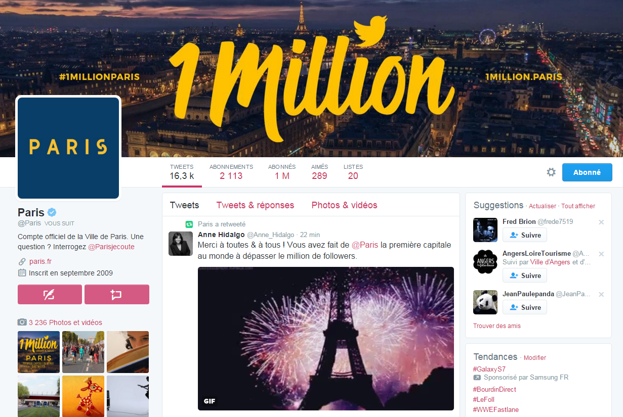 Paris, première ville avec 1 million d'abonnés sur Twitter | Le blog d ...